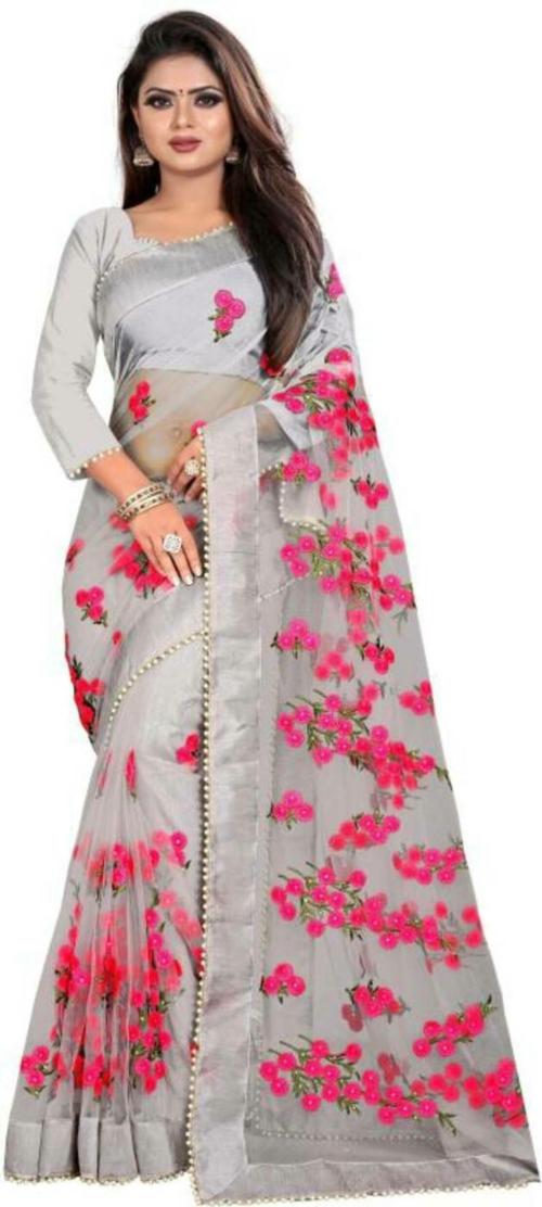 Buy JSItaliya Self Design, Embroidered Bollywood Net Saree ( Grey ...