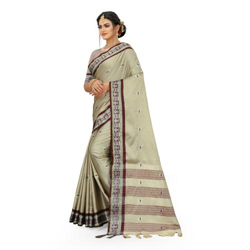 Buy Marabout Women's Beautiful Beige Colour Cotton Embellished Saree ...