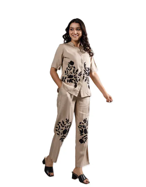 Buy M March Label Cotton Queen Beige Embroidered Cord Set For Woman And ...