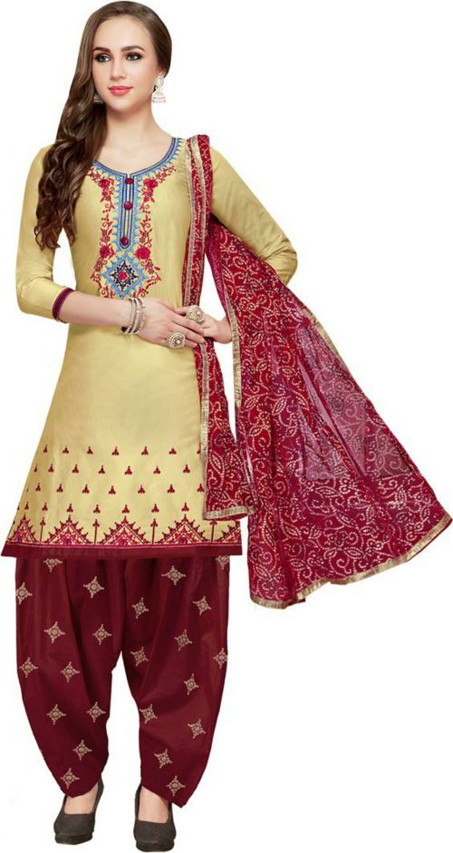 Buy Manvaa Women Yellow Embroidered Cotton Semi-Stitched Dress Material ...