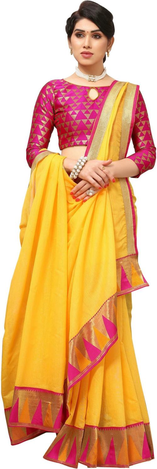 Buy Febo Fashion Women Yellow Embellished Cotton Blend Single Saree ...