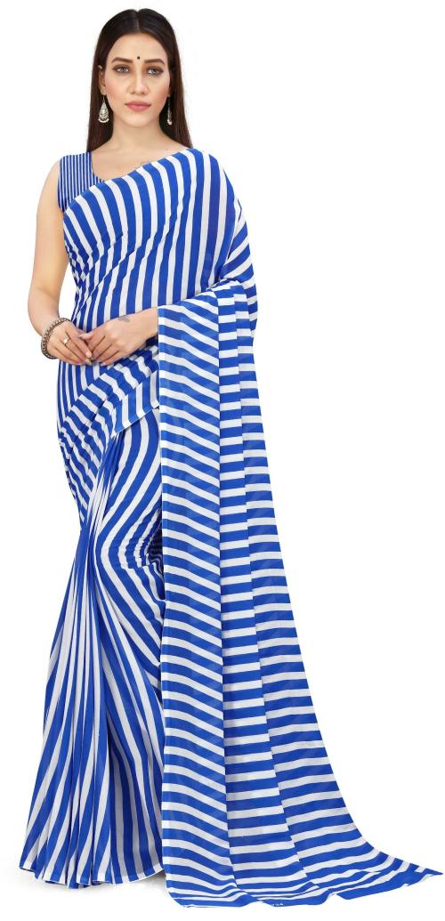 Buy Anand Women Blue Striped Georgette Single Saree Online at Best ...