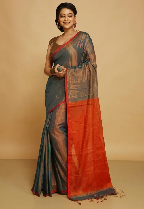 Buy Abrita Saree Handloom Dual Tone Tisu Anchal Saree (Black And Red ...