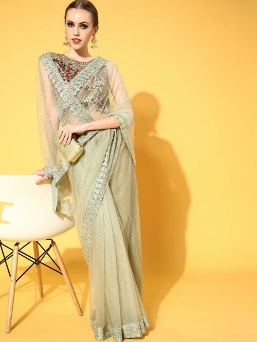 Buy Chhabra 555 Olive Green Party Wear Glittery Bling Saree with ...