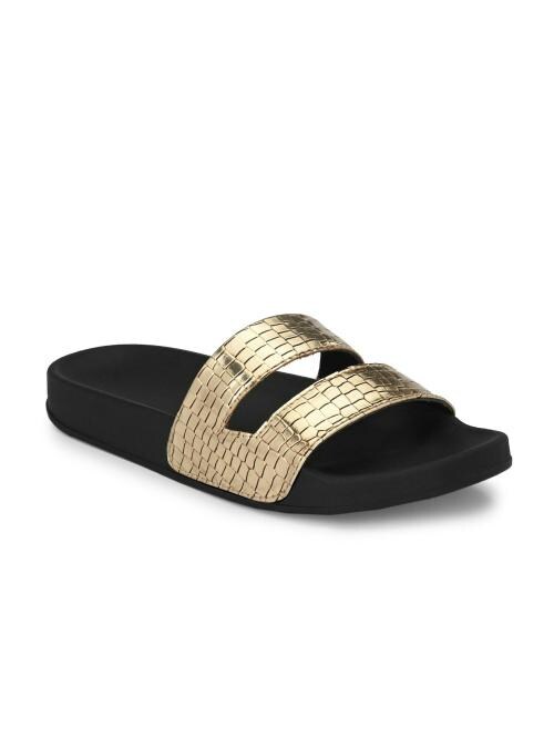 Buy BUCIK Women's Golden Synthetic Leather Slip-On Casual Sliders ...