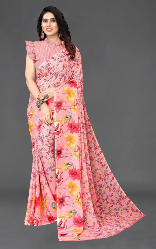 Buy SAREYA VEELA Daily Wear Women Pink Georgette Sarees Online at Best ...