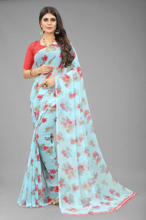 Buy NISHA CREATION Women Beige Digital Print Chiffon Single Saree ...