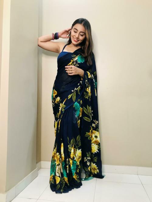 Buy Anand Women Dark Blue Floral Georgette Single Saree Saree for women ...