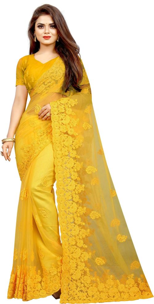 Buy Yara Creation Women Yellow Embroidered Net Bollywood Cut Work Saree ...