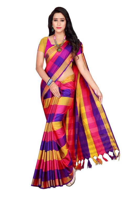 Buy LUXVANI Checkered Daily Wear Cotton Silk Saree (Multicolor) Online ...