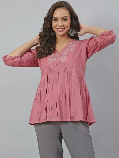 Buy Janasya Women's Pink Cotton Embroidered Fit and Flared Top Online ...