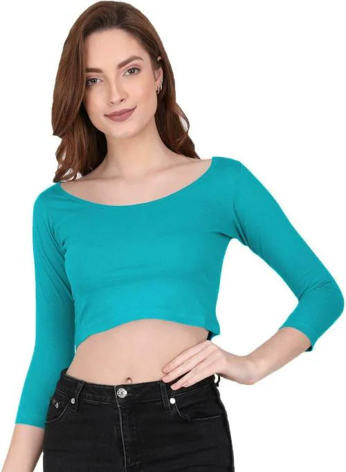 Buy THE BLAZZE_Women Cotton Blend Turquoise Crop Top_S Online at Best ...