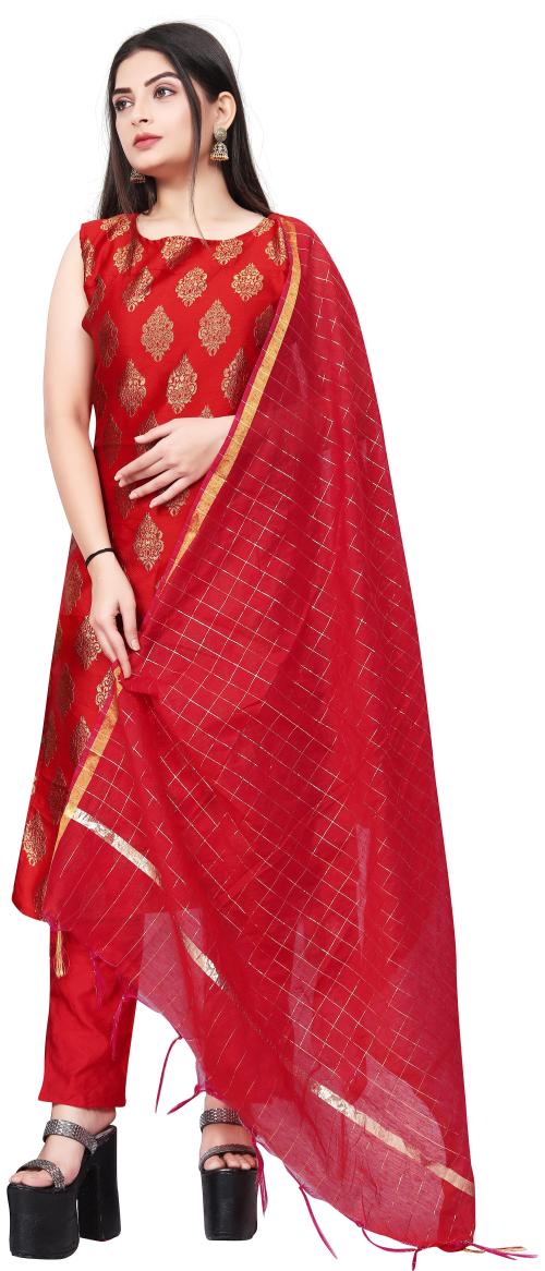 Buy Eilara Women's Silk Blend Red Straight Kutra, Pant with Dupatta ...