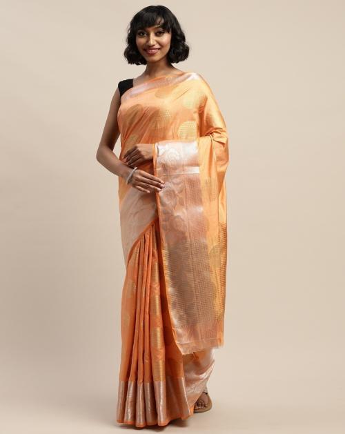 Buy KAVINDI Self Design Kanjivaram Silk Blend Saree (Orange) Online at ...