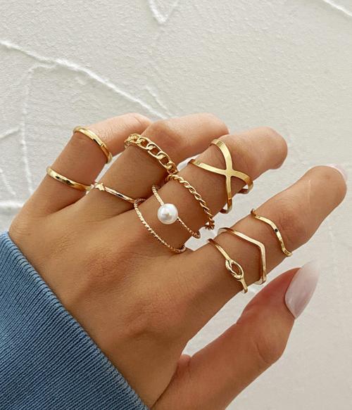 Buy Vembley Gold Plated 10 Piece Infnity Chain Pearl Cross Ring Set ...