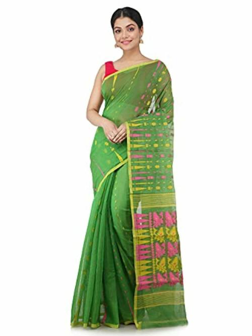 Buy PinkLoom Women Green Handloom Pure Cotton Jamdani Saree Without Blouse Piece Online at Best ...
