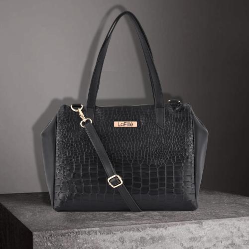 Buy LaFille Women's Animal Print - Croco Fair Large Black Handheld Bag ...
