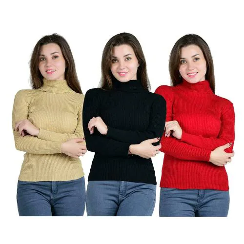 Buy CUBIHEXA Women Skin Black and Red Woollen Pack of 3 Winter Sweaters ...