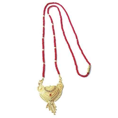 Buy QNAM Crystal Moti Beads Red Golden Mangalsutra Chain With Heart ...
