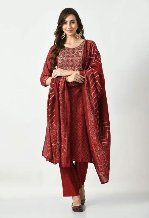 Buy S MAJIDA Maroon Bandhej Printed Kurta Set for Women with Dupatta ...