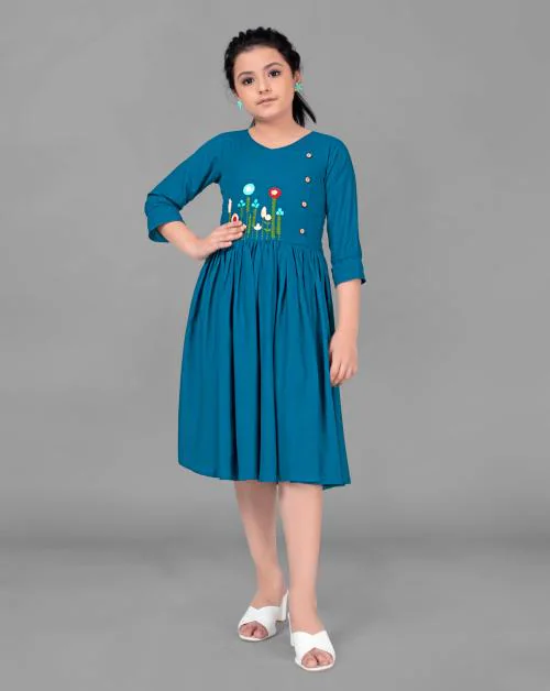 Buy Fashion Dream Girls Teal Embroidered Rayon Pack Of 1 Frock ...