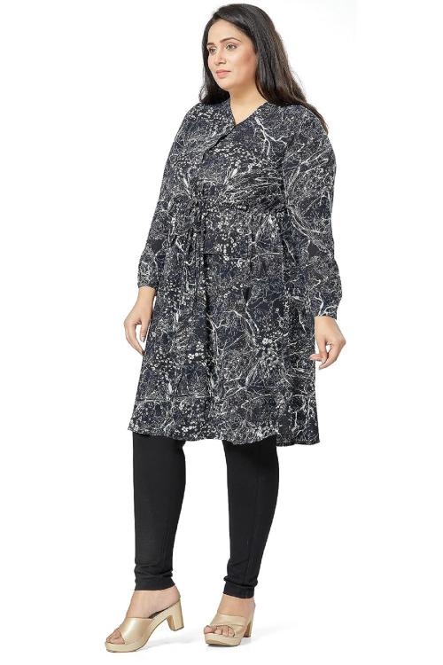 Buy MISS TEASE Exclusive V-Neck Georgette Graphic Print Knee Length Full Sleeve Black Plus Size ...