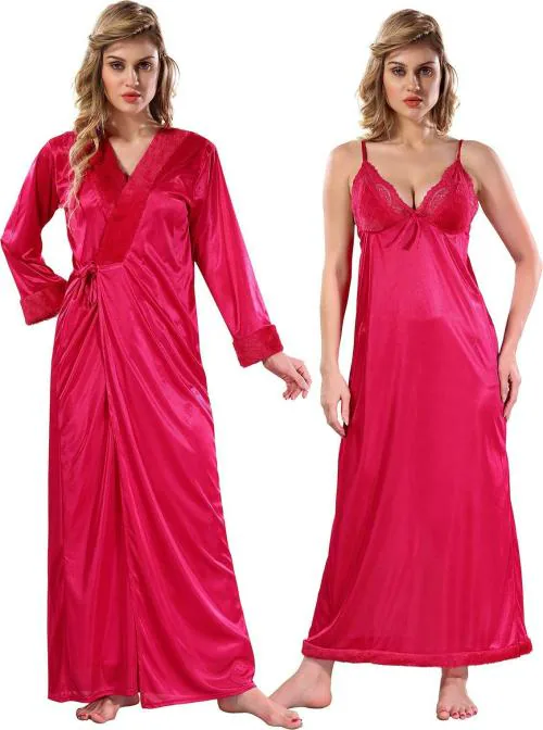 Buy Be You Women Deep Pink Solid Satin Nighty With Robe Online at Best ...