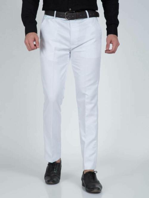 Buy CYPHUS Men Regular Fit White Cotton Blend Trousers Online at Best ...