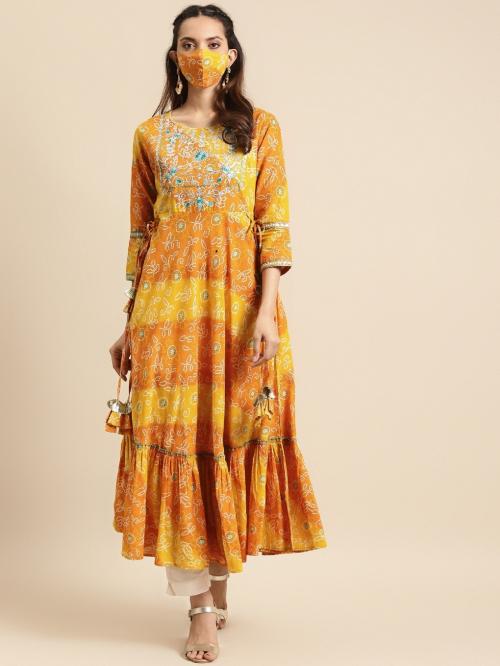 Buy Rangmayee Women Yellow & Orange Mirror Work Cotton Bandhani Printed ...
