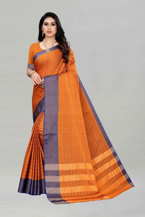 Buy sareya veela Kanjivaram Women Orange Striped Art Silk Sarees Online ...