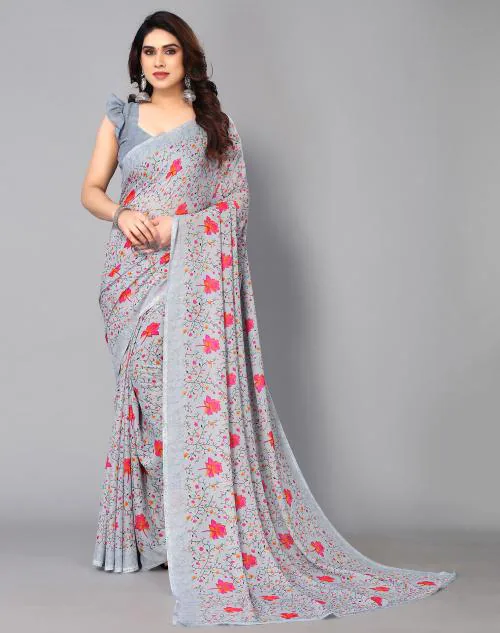 Buy Siril Georgette Grey Color Saree With Blouse Piece | sarees for ...