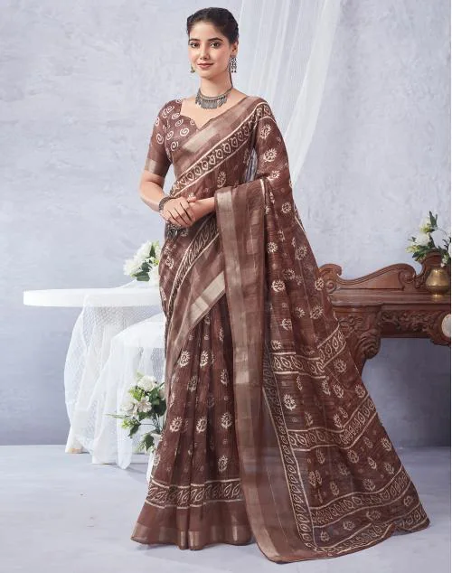Buy Siril Cotton Blend Brown Color Saree with Blouse piece Online at ...