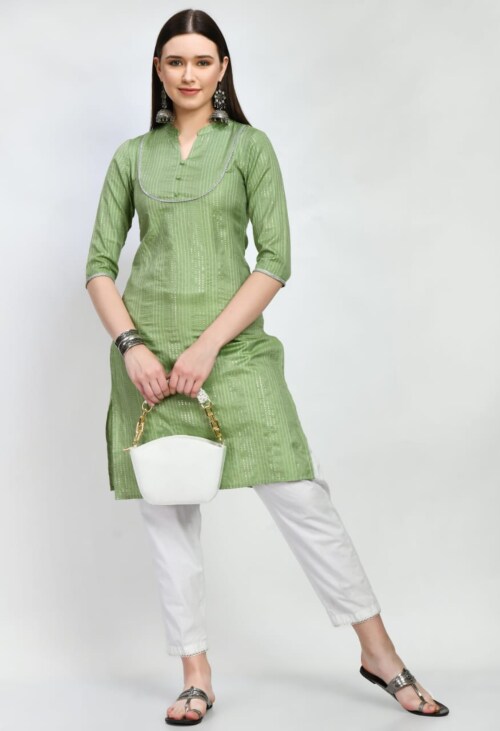 Buy NEEL & NED Green straight kurta with silver yoke lace style Online ...