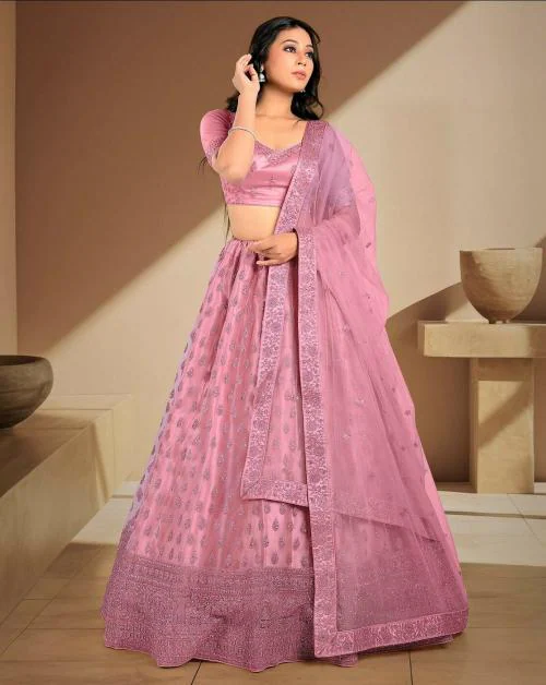 Buy HALFSAREE STUDIO Pink Soft Net Lehenga Choli with Embroidery work ...