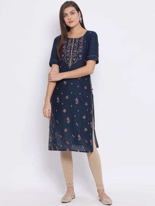 Buy Span Women Blue Printed Pure Cotton Straight Kurta - Na555 Online ...