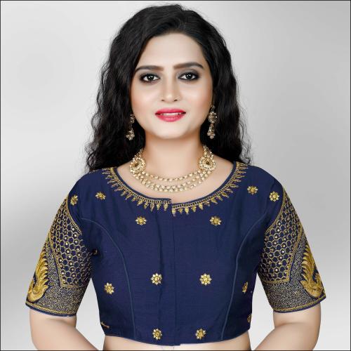 Buy Jay Pal Women Dark Blue Embriodered Poly Silk Round Neck Blouse ...