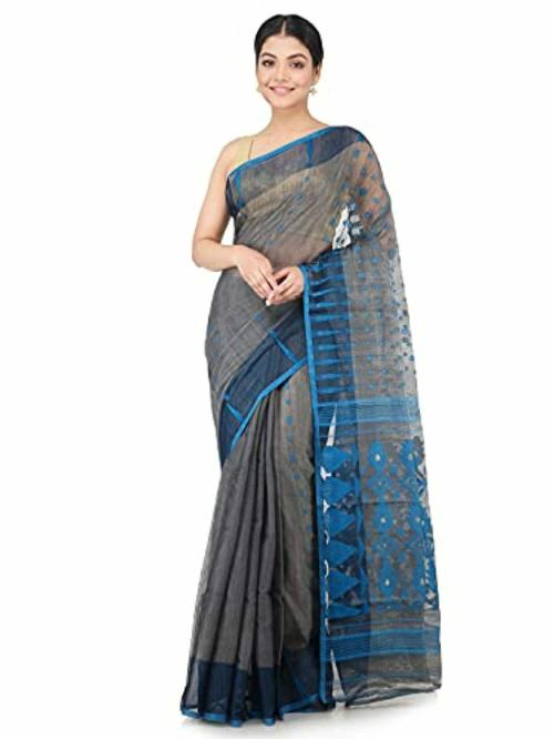 Buy PinkLoom Women Grey and Blue Handloom Pure Cotton Jamdani Saree Without Blouse Piece Online ...