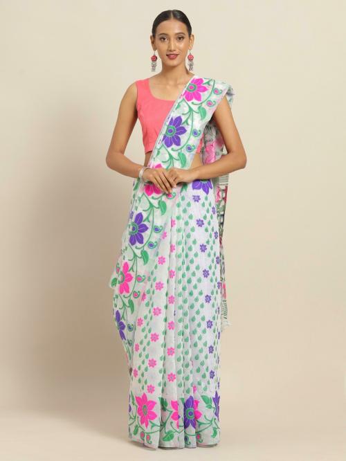 Buy VASTRANAND Women White Cotton Silk Woven Design Saree Online at ...