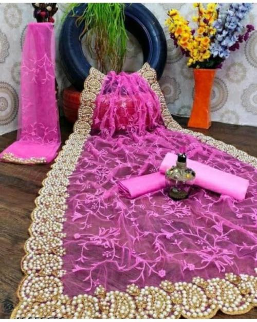 Buy Harmi Fashion Women Pink Embroidered Net Bollywood Saree Online at ...