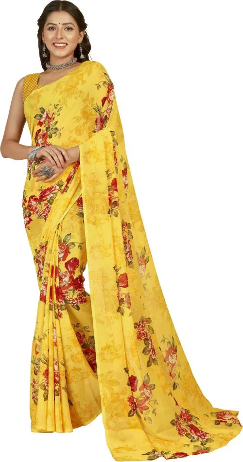Buy Anand Women Light Blue Floral Georgette Single Saree Online at Best ...