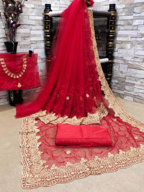 Buy Harmi Fashion Women Red Embellished Net Bollywood Saree Online at ...