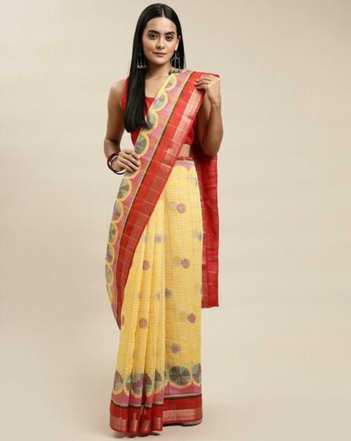 Buy Saree Swarg Women Yellow Cotton Blend Check Saree Online at Best ...