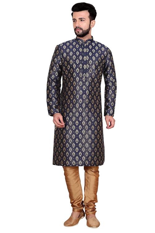 Buy HEORA Mens Navy Silk Blend Kurta Pyjama Set for Ethnic and Designer ...