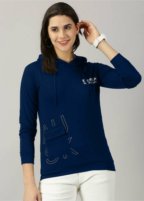 Buy Ausk Self Design Blue Hooded Neck Full Sleeve T-Shirt Online at ...