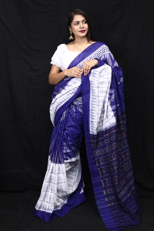 Buy BigRayn Blue White Odisha Handloom Scot Kargil Cotton Saree-Odisha ...