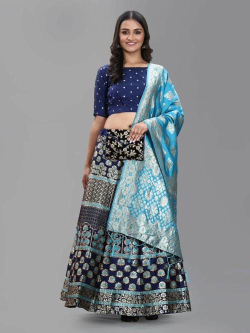 Buy Fabcartz Women Navy Blue, Firoji Self Design Jacquard Lehenga Choli ...