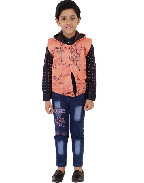 Buy Dkgf Fashion Boys Orange Self Design Cotton Blend Shirt Jeans ...