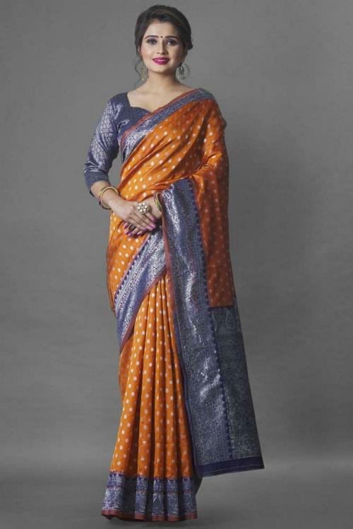 Buy Areca Designer Women Mustard Self Design Silk Blend Tanchoi Saree ...