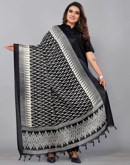 Buy Siril Women's Black Color Geometric Print Khadi silk Dupatta Online ...