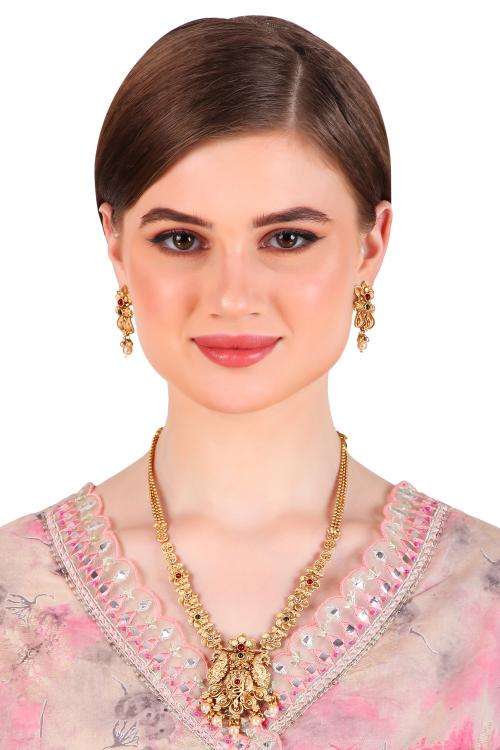 Buy OrangeNyshaMuti Color Kempu Stone Rajwadi Gold Long Rani Haar For ...